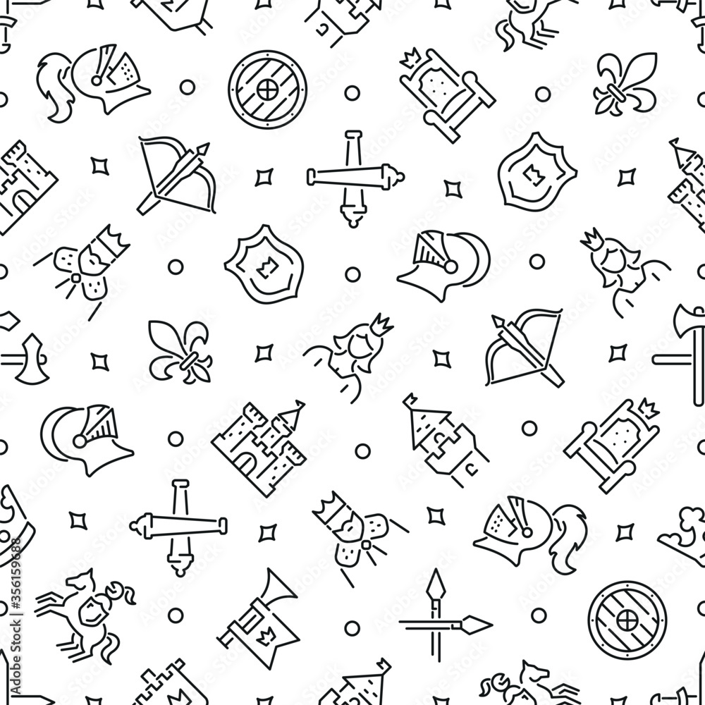 Seamless pattern with medieval weapons and knights. Black and white ...