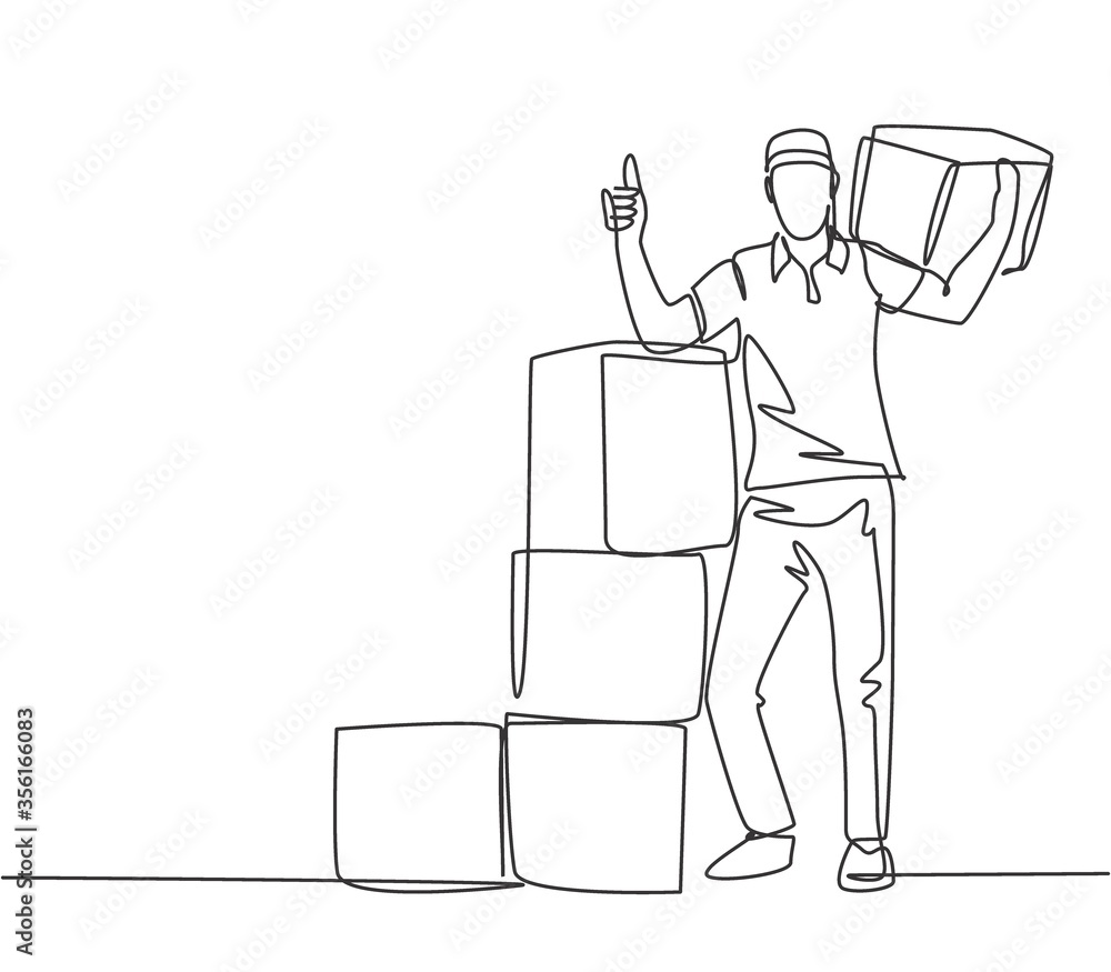 One line drawing of young delivery man gives thumbs up gesture while ...