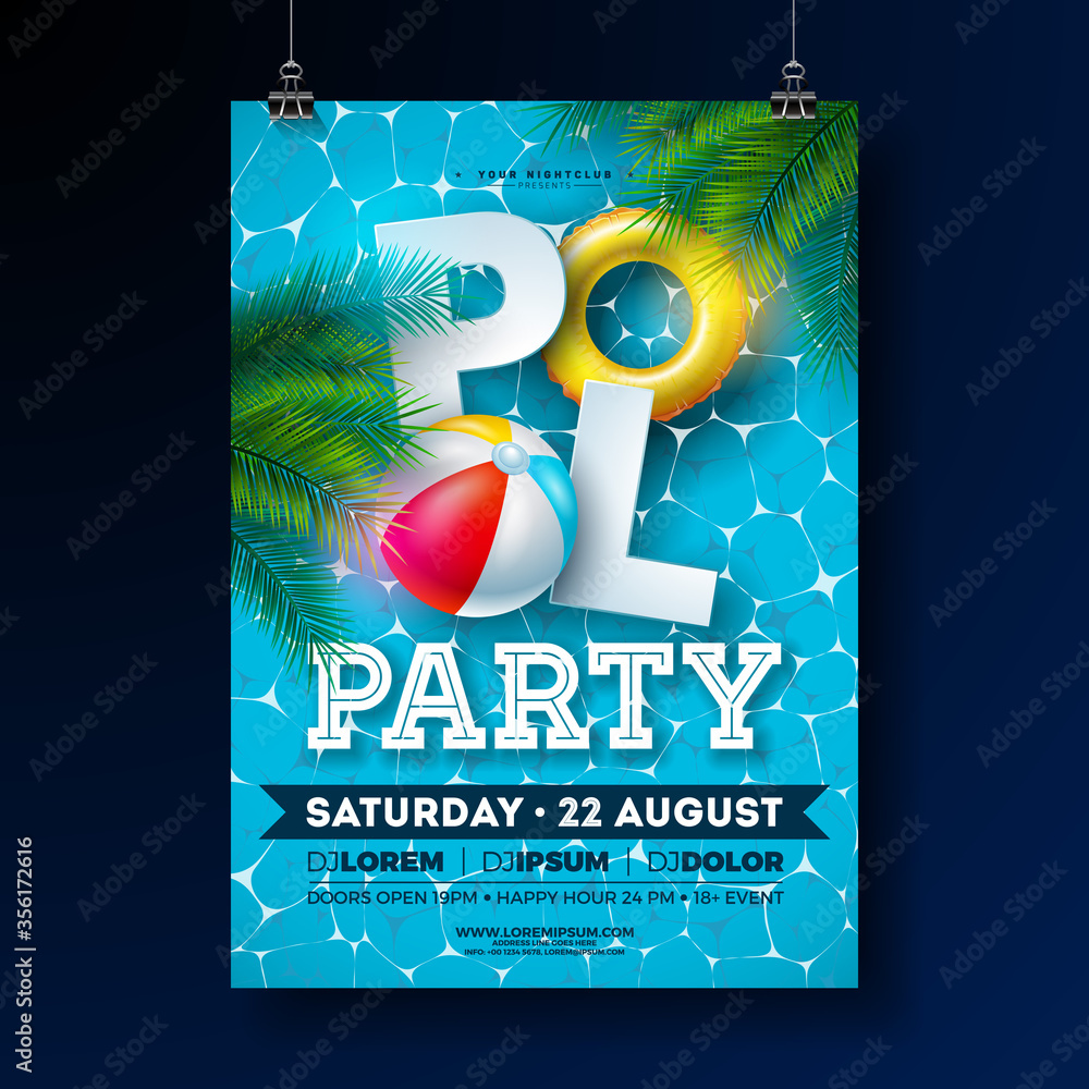 Summer Pool Party Poster Design Template with Palm Leaves, Water Beach ...