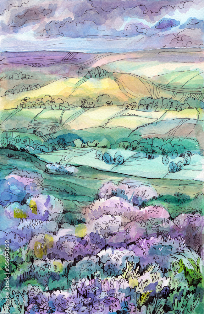 Watercolor landscape with heather and yellow fields. For wallpaper ...