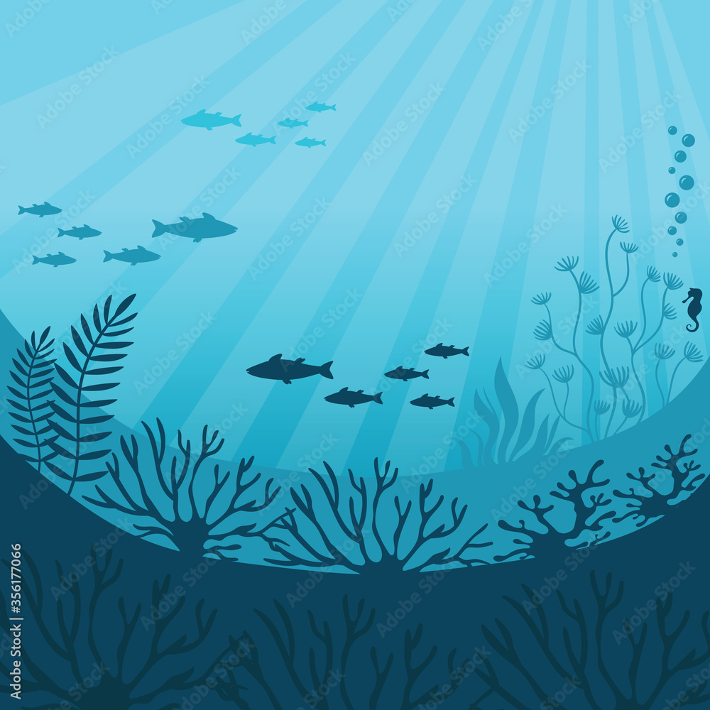 Undersea world. Underwater ocean fauna with coral reef, seaweed, plants ...