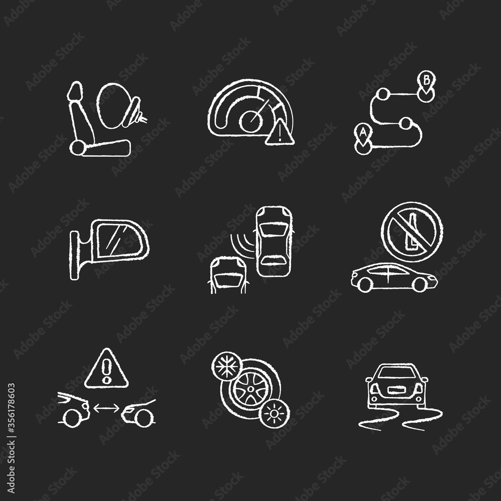 Safe driving chalk white icons set on black background. Car travel ...