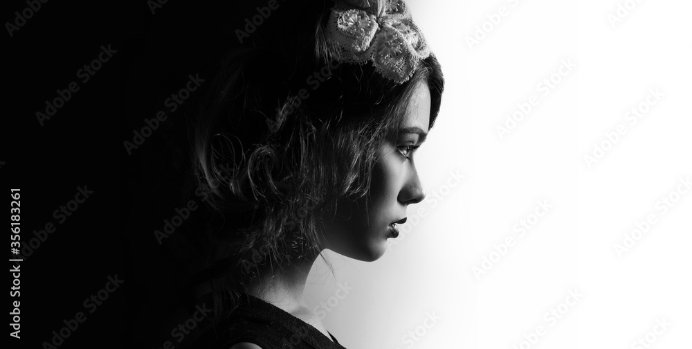 Profile of beautiful young woman side view face isolated on white and ...