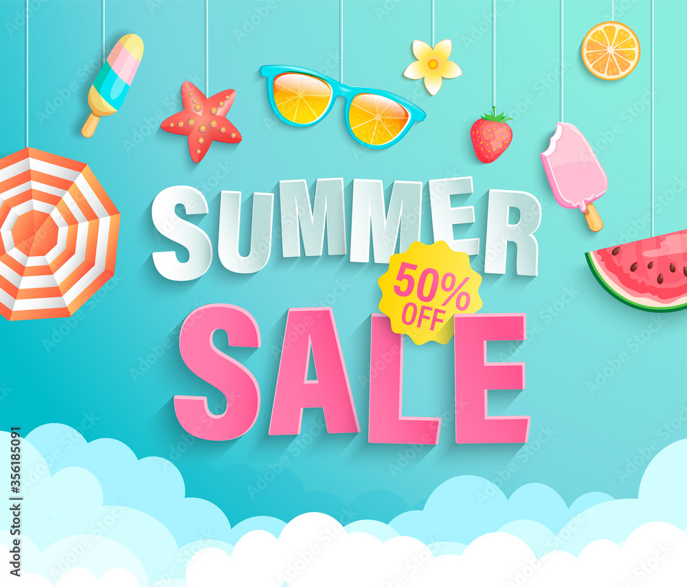 Summer's 2020 sale banner with season elements.Invitation poster with ...