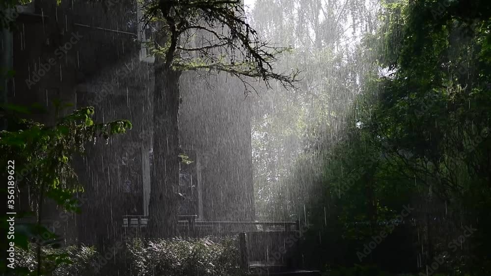 Heavy rain falling. The Vilnius outskirts. Light and shadow, sunlight ...