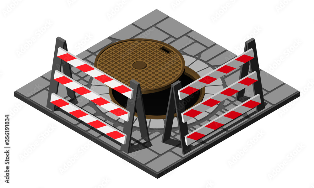 Isometric sewer under construction enclosed by barriers isolated on ...