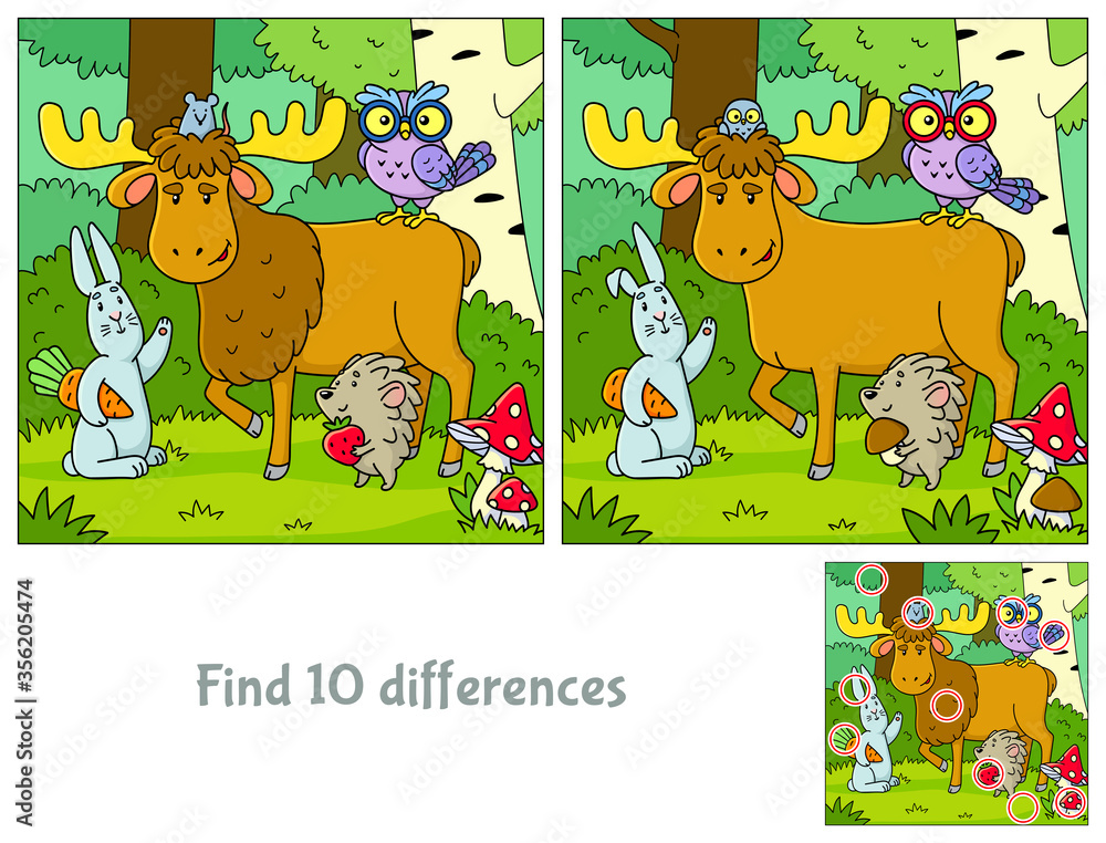 Wild animals in the forest. Find 10 differences. Educational game for ...