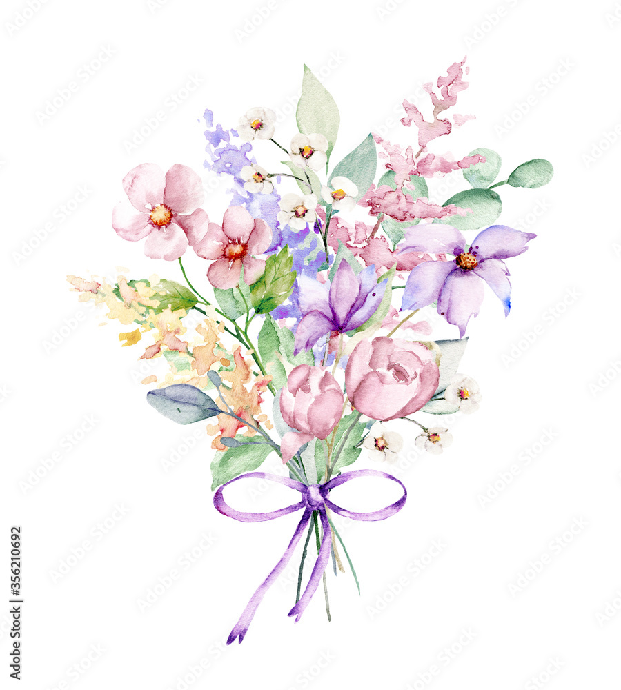 Pink and purple flowers watercolor, floral clip art. Bouquet perfectly ...
