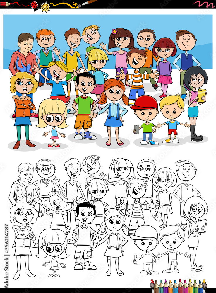 cartoon children characters group coloring book page Stock Vector ...