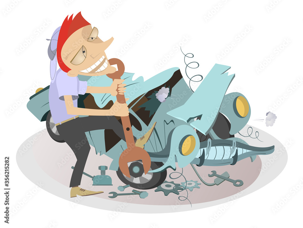 Cartoon mechanic repairs a car illustration. Cartoon mechanic with a ...
