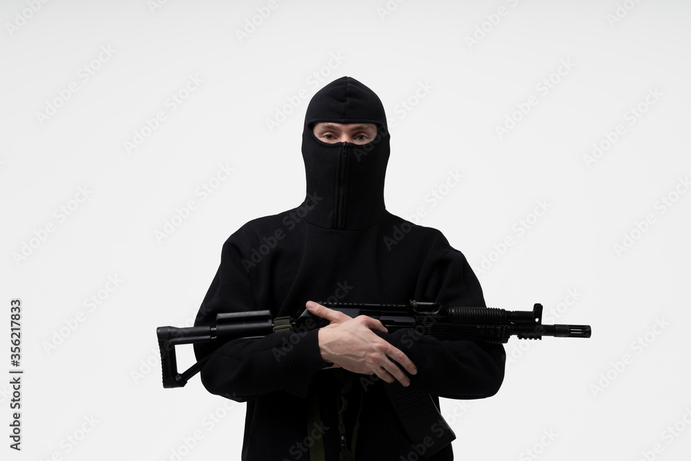 police special forces officer in black uniform isolated on white Stock ...