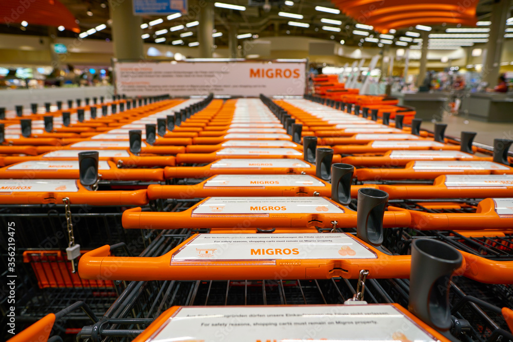 ZURICH, SWITZERLAND - CIRCA OCTOBER, 2018: trolleys at Migros ...