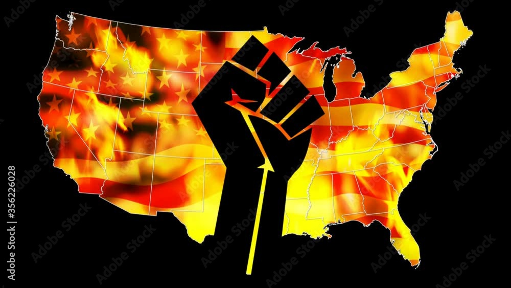 Black fist moving - animation on burning fire USA map background ...