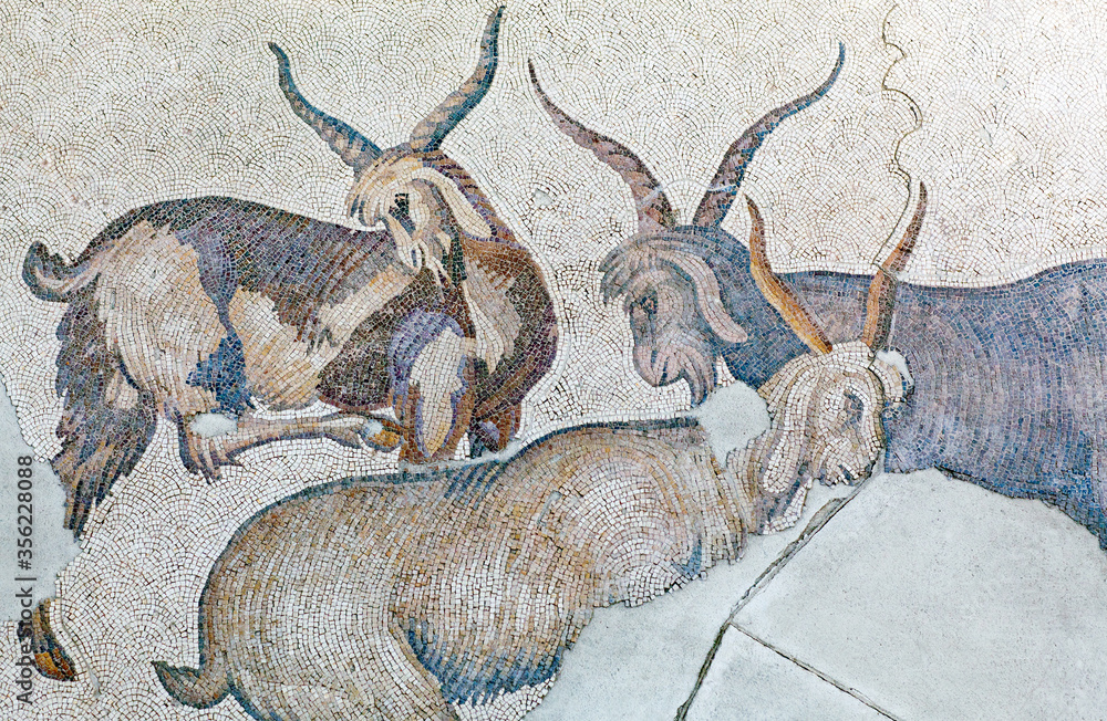 Group of goats - ancient Byzantine mosaic in the Great Palace of ...