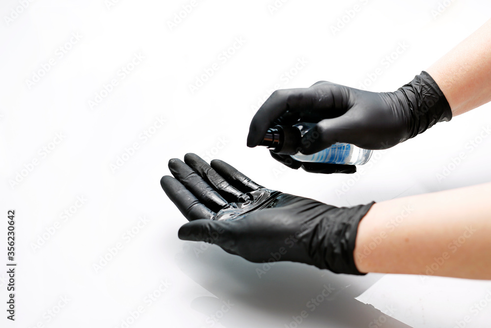 Hand disinfection and hygiene. The woman shows the stages of proper ...