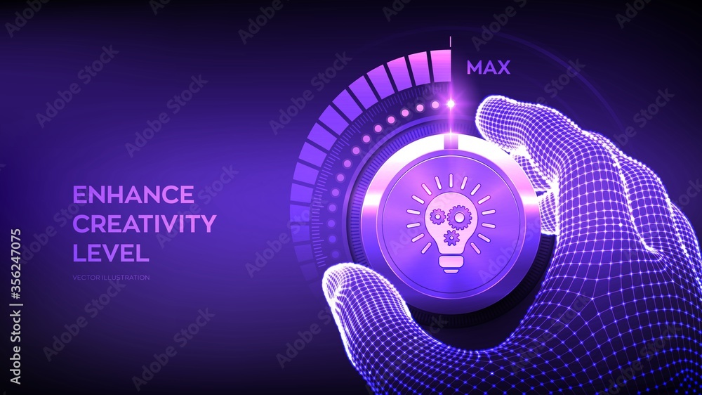 Increasing Creativity Level. Wireframe hand turning a Creativity levels ...