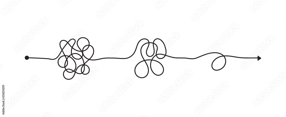 Tangled line, complex knot rests in straight line, isolated vector ...