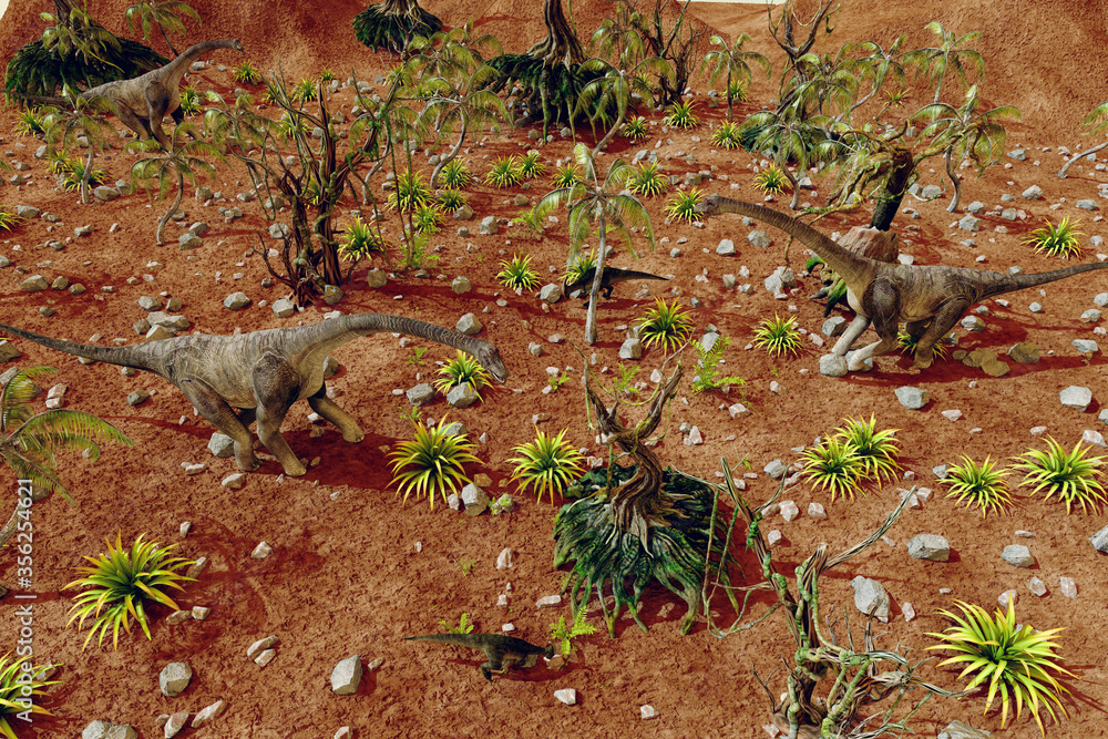 Dinosaur. Prehistoric Jungle, landscape, valley with Dinosaurs. 3d ...