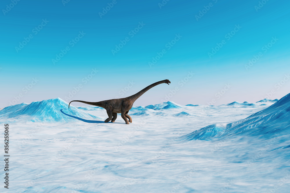 Dinosaur. Prehistoric snow landscape, ice valley with Dinosaurs. Arctic ...