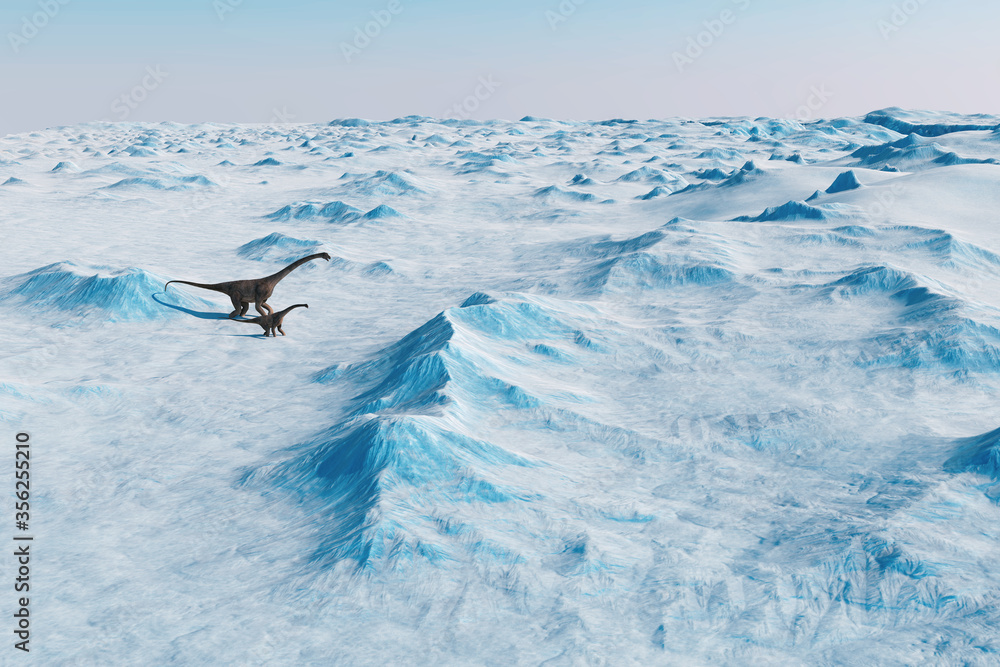 Dinosaur. Prehistoric snow landscape, ice valley with Dinosaurs. Arctic ...