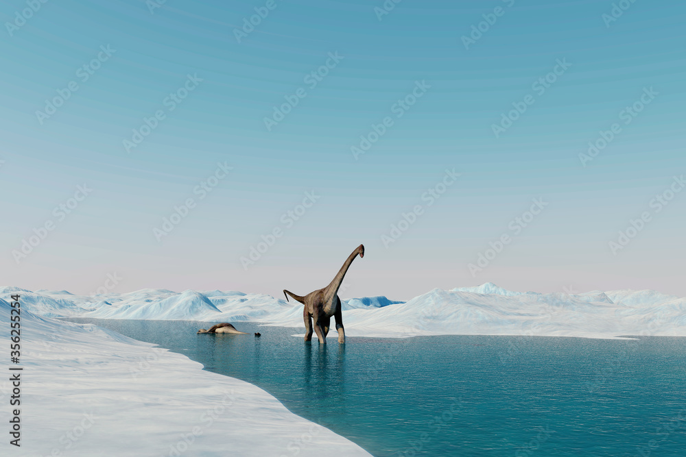 Dinosaur. Prehistoric snow landscape, ice valley with Dinosaurs. Arctic ...