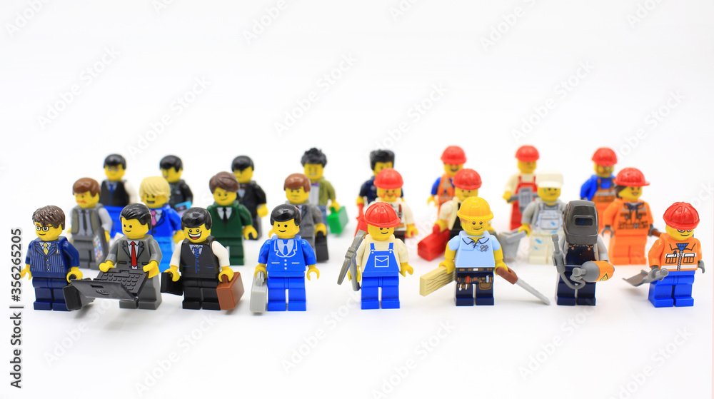 HONG KONG, MAY 25: Studio shot of Lego people, combine from different ...