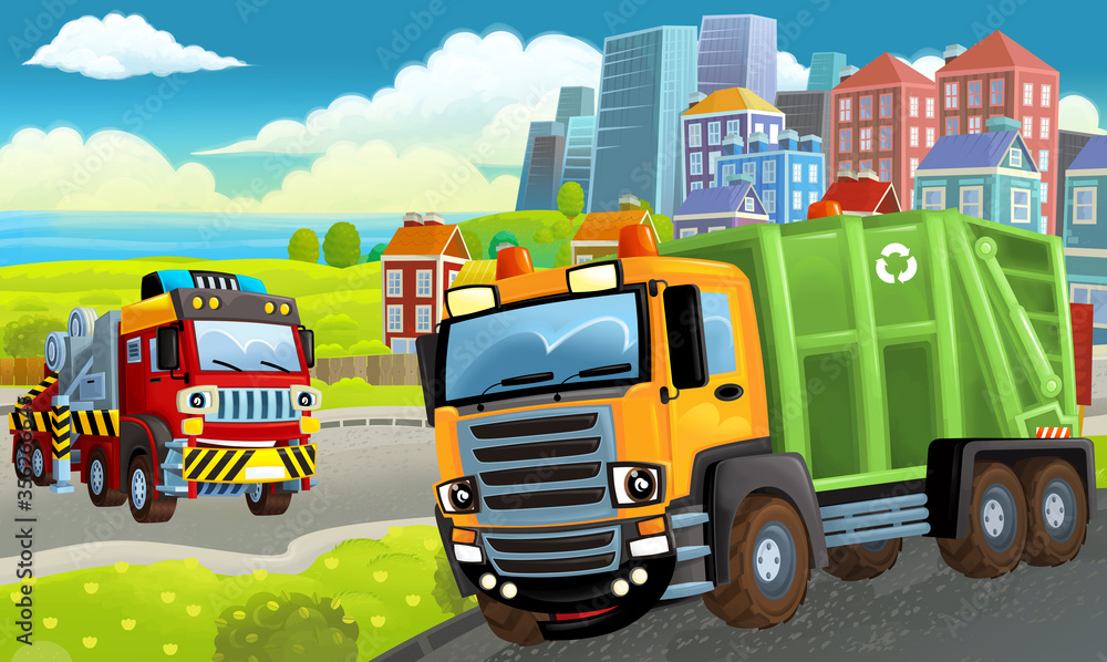 cartoon happy scene with different vehicles and dumper car illustration ...