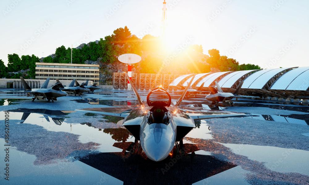 f 22 raptor, military fighter jet. military base. sunset. 3d rendering ...