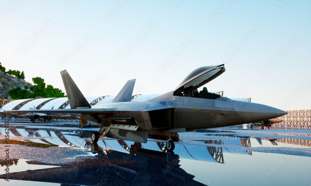 f 22 raptor, military fighter jet. military base. sunset. 3d rendering ...