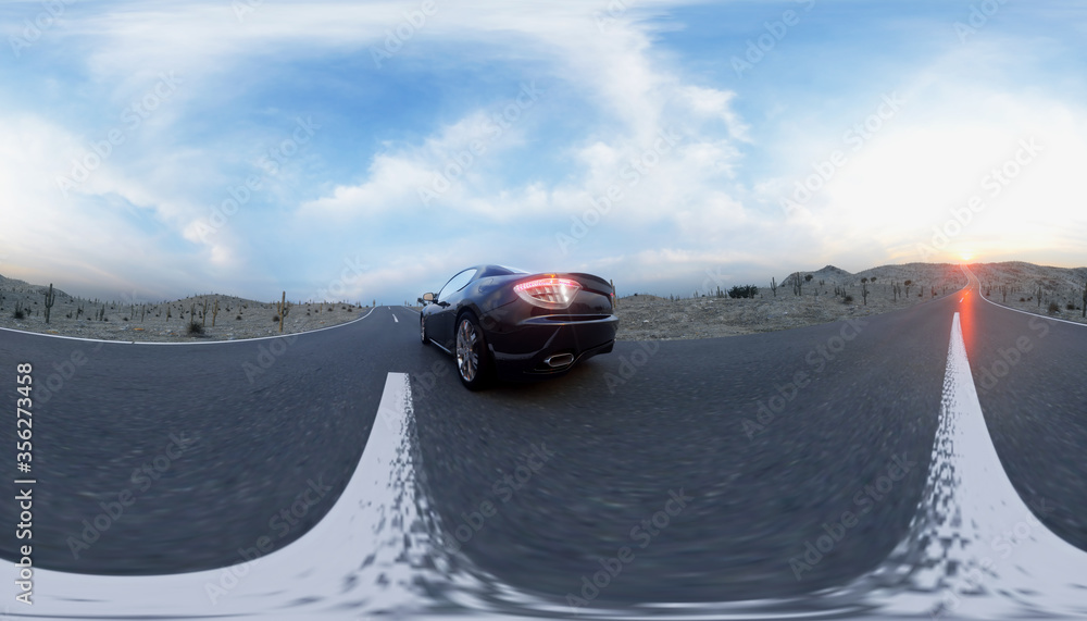 Black sport car on road, highway. Very fast driving. 360 spherical ...