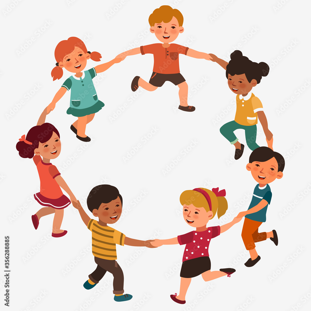 Happy kids holding hands and dancing in a circle. Cute boys and girls ...