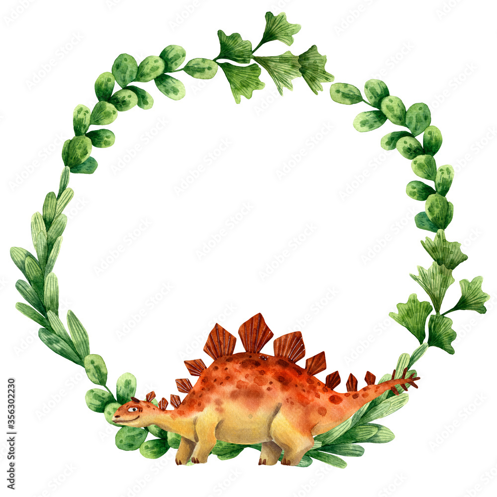 Hand drawn watercolor floral frame. Cute green dinosaur. Children ...