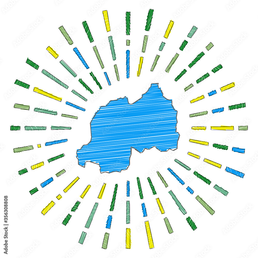 Sketch map of Rwanda. Sunburst around the country in flag colors. Hand ...