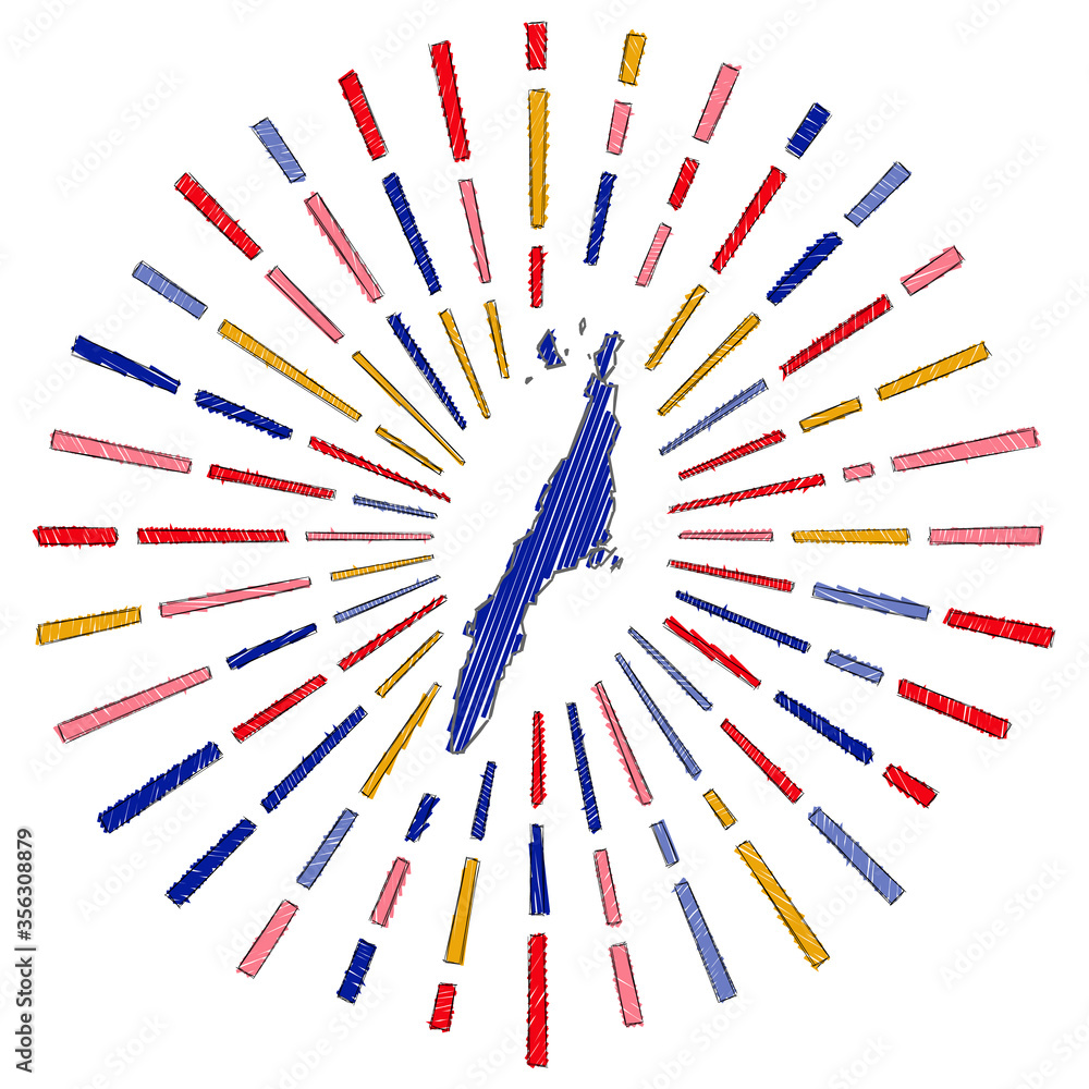 Sketch map of Cebu. Sunburst around the island in flag colors. Hand ...