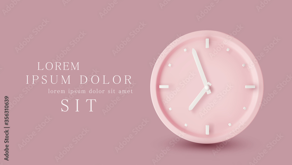Vector illustration with 3d object. Pink watch dial with white hands ...
