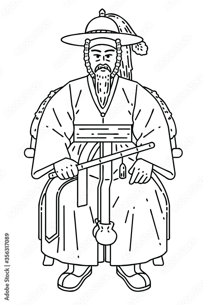 Vector line art illustration of admiral Yi Sun-shin. He was a Korean ...