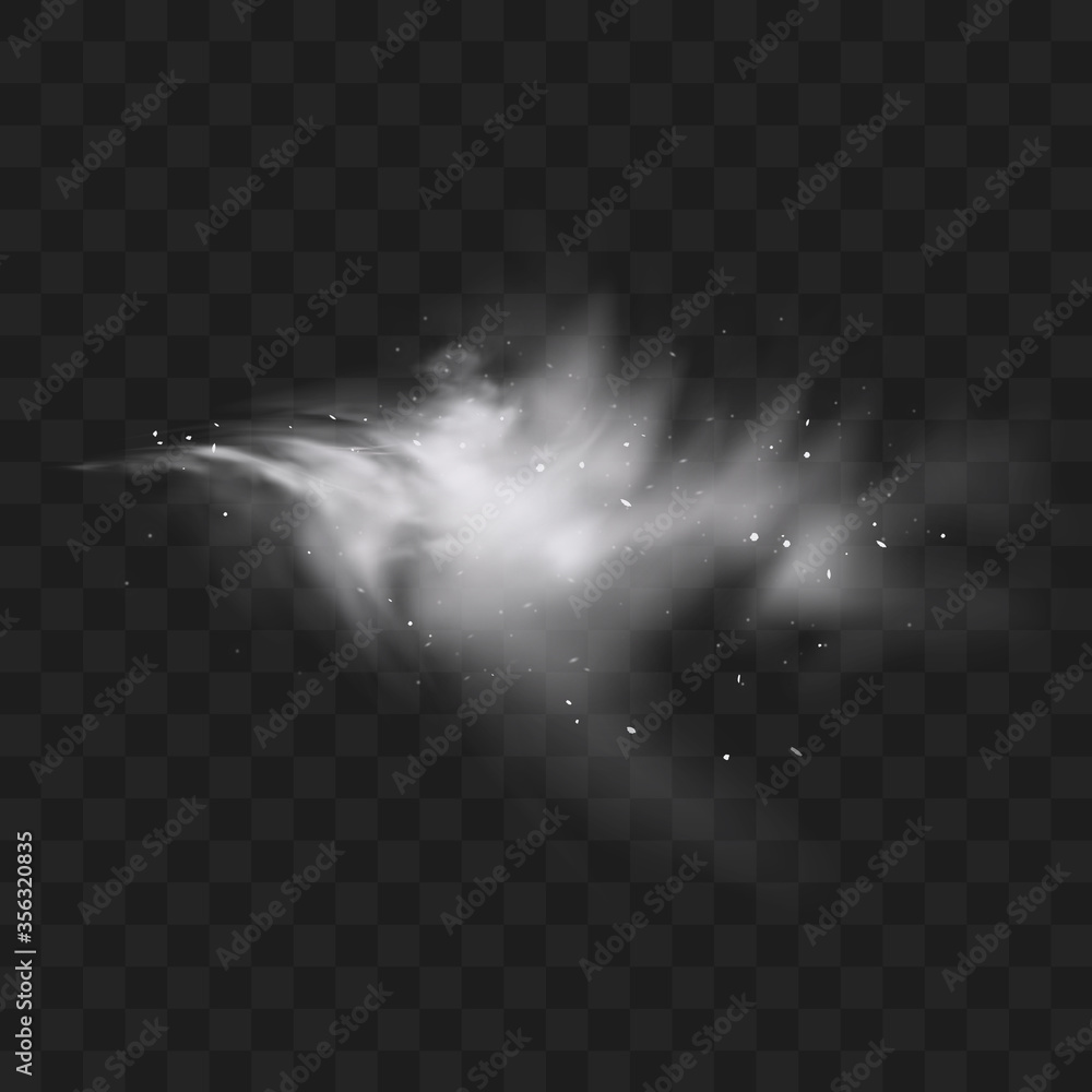 White snow explosion with particles and snowflakes splash isolated on ...