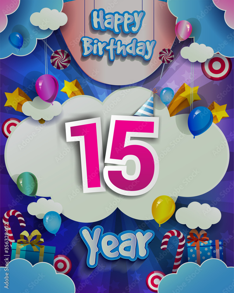15th Birthday Celebration greeting card Design, with clouds and ...