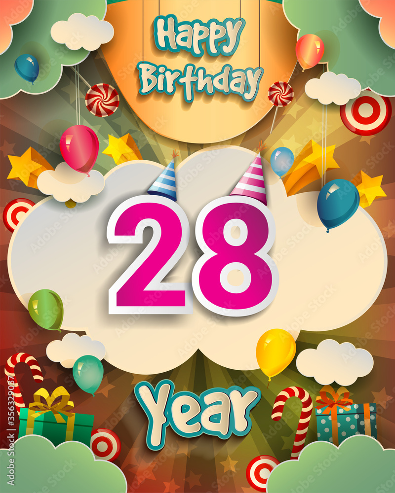 28th Birthday Celebration greeting card Design, with clouds and ...