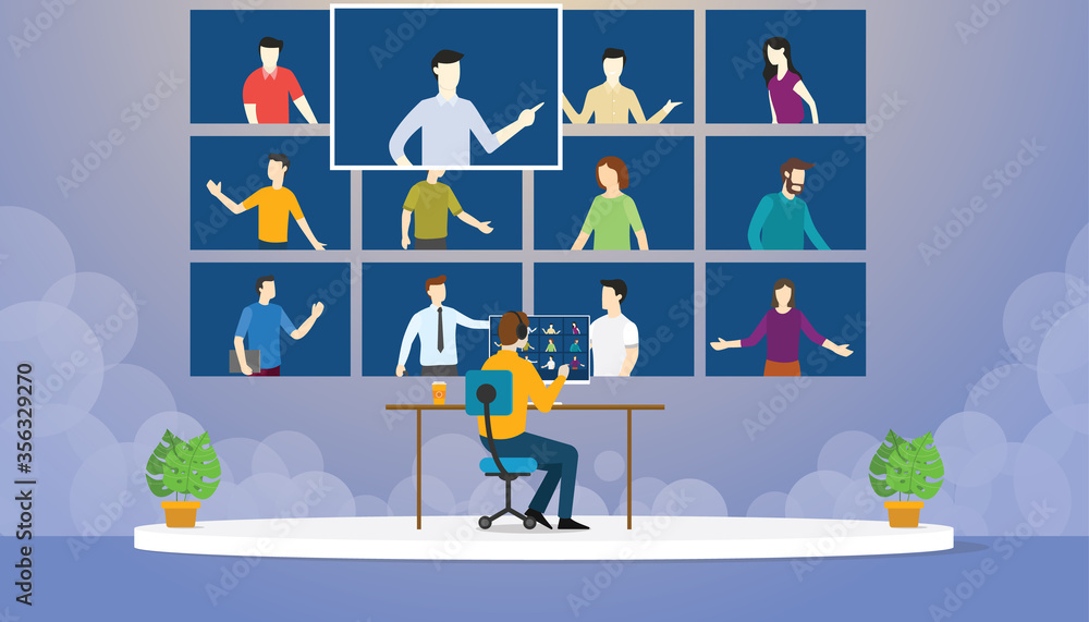 meeting through video conference application on computer flat cartoon ...