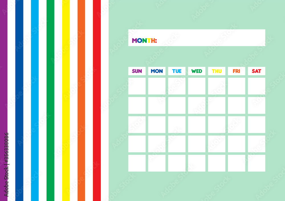 Printable Blank Monthly Rainbow Calendar Sunday Start Stock ...