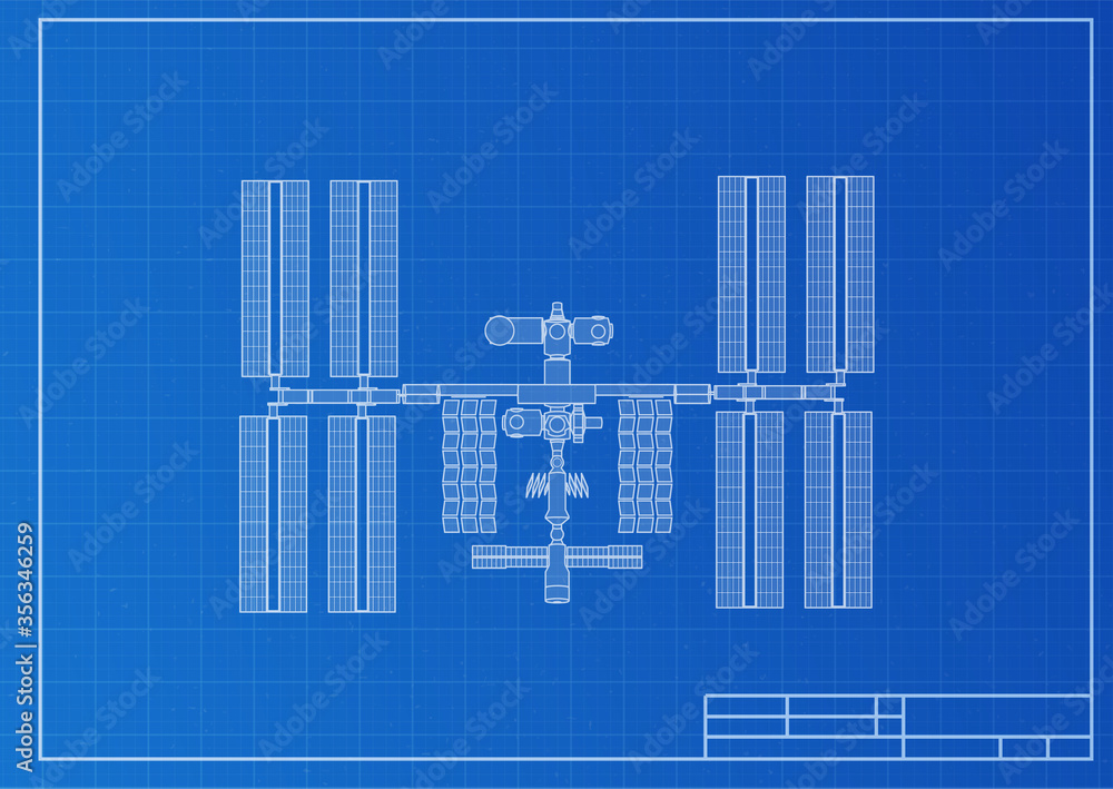 International Space Station plot on blueprint background. Vector ...