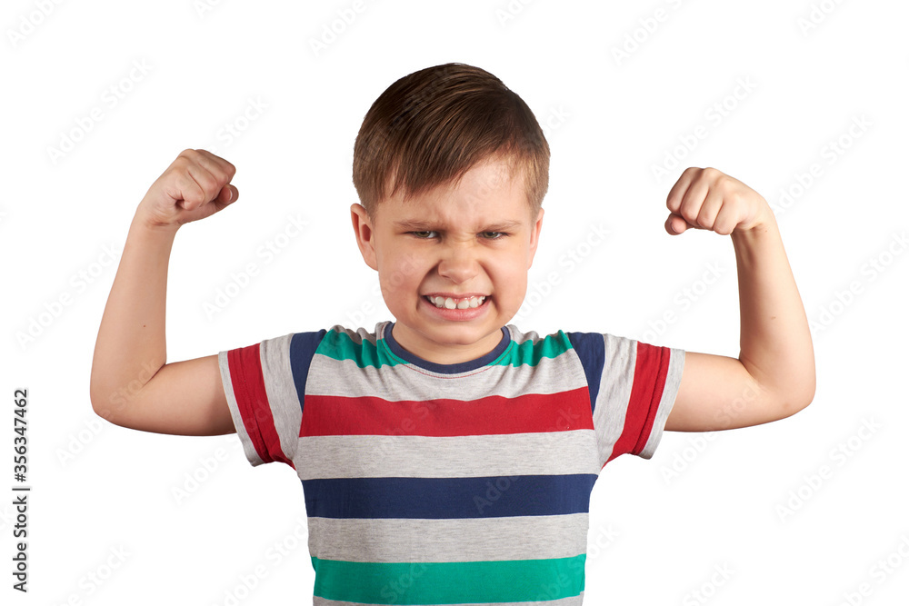 Angry cry baby boy emotionally shows his arm bicep muscle strength ...