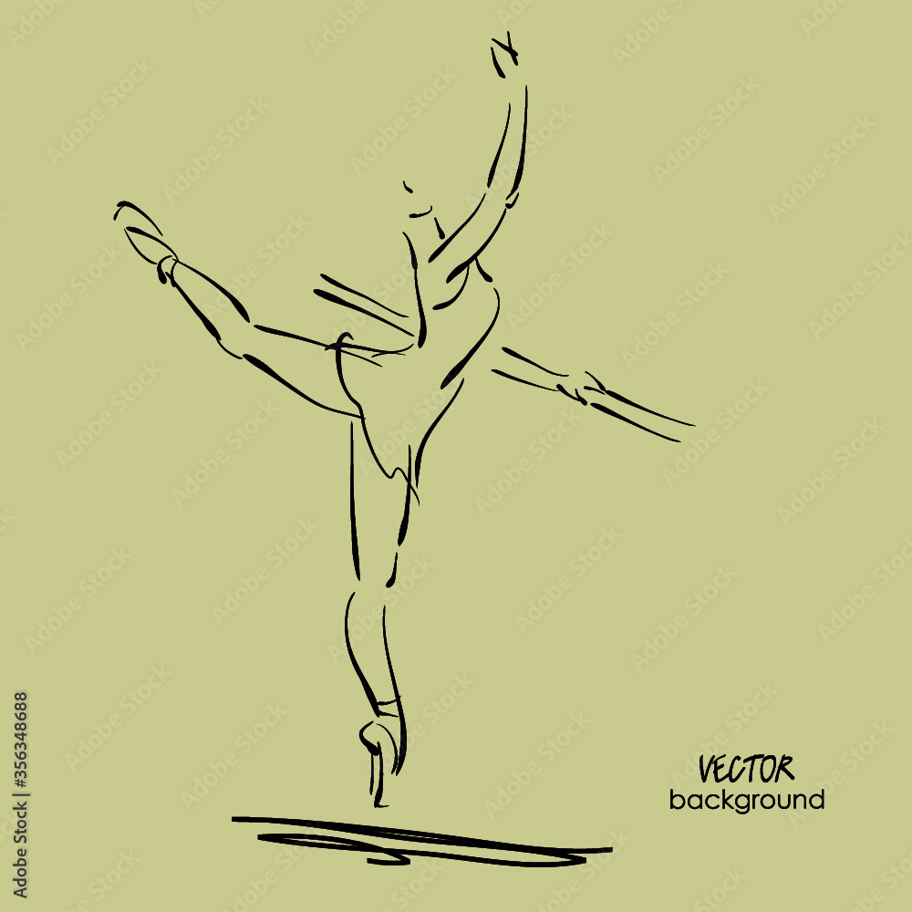 art sketch of beautiful young ballerina in ballet pose in class at ...