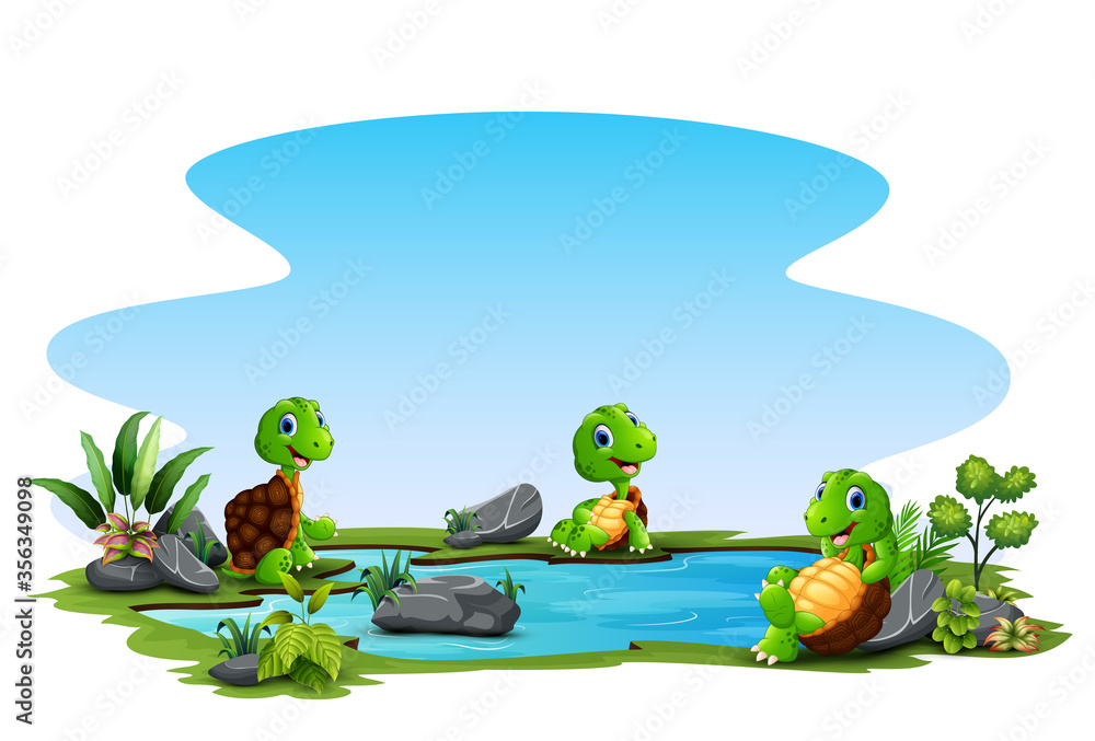Cartoon three turtle relax around the small pond Stock Vector | Adobe Stock