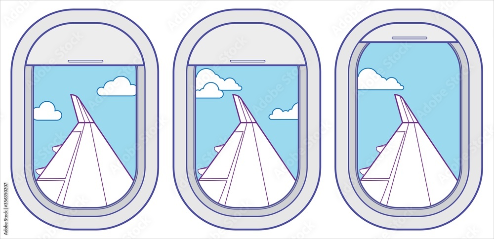 Airplane window vector set with cloudy sky and plane wing view Stock ...