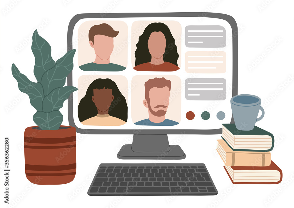 Online video conference, colleagues meeting from home, computer screen ...