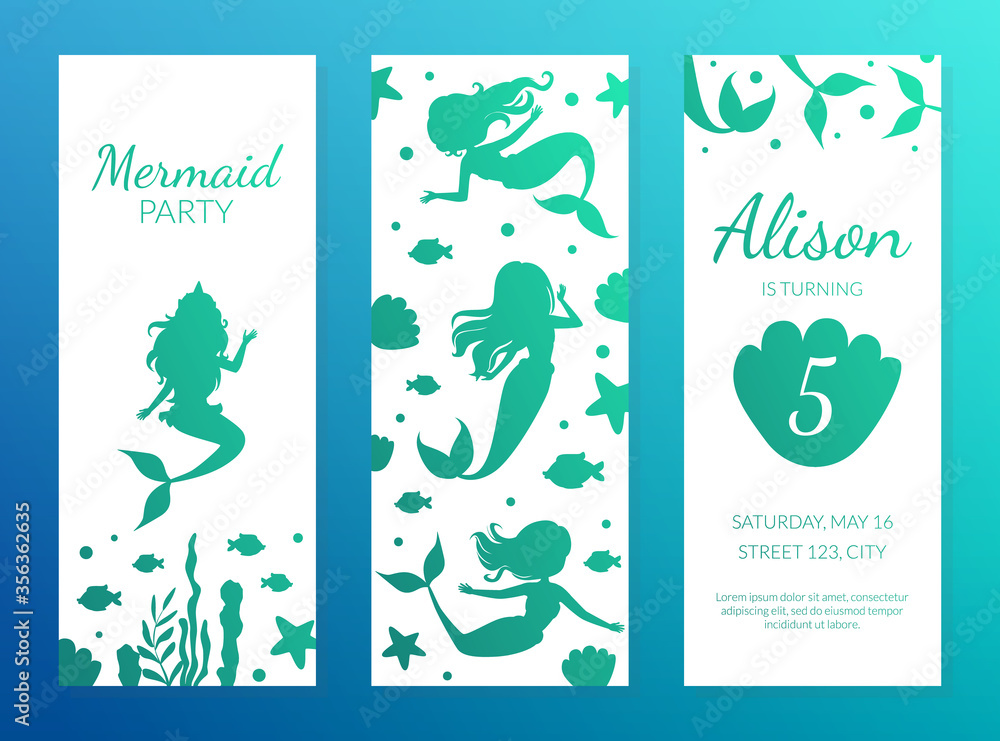 Mermaid Party Banner Template with Cute Aquatic Nature Elements, Under ...