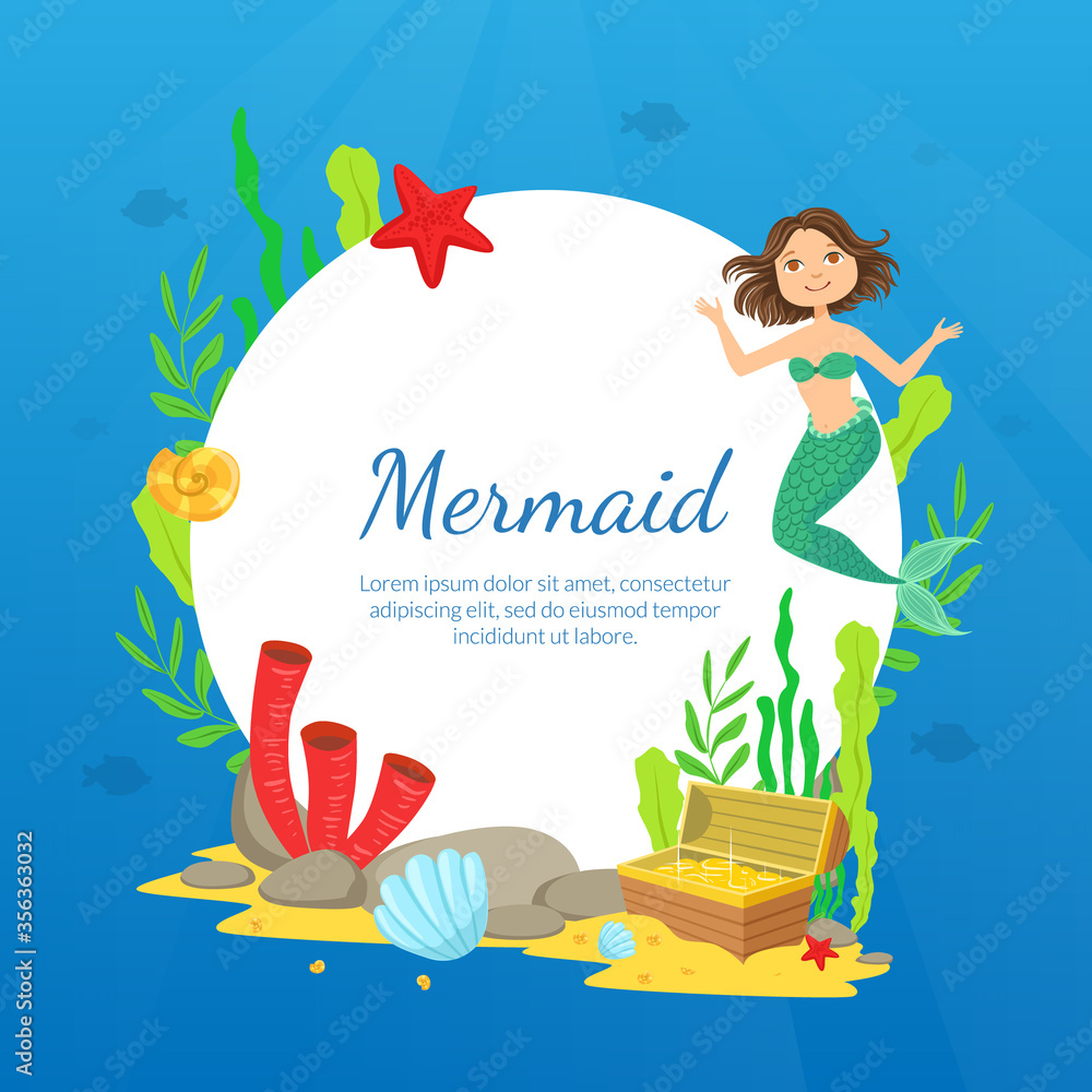 Mermaid Banner Template, Marine Life Marine Life with Cute Habitants ...
