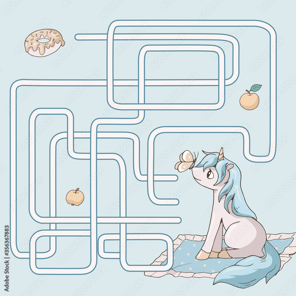 Labyrinth. Maze game for kids. Help cute cartoon unicorn find path to donut. Light turquoise and ...
